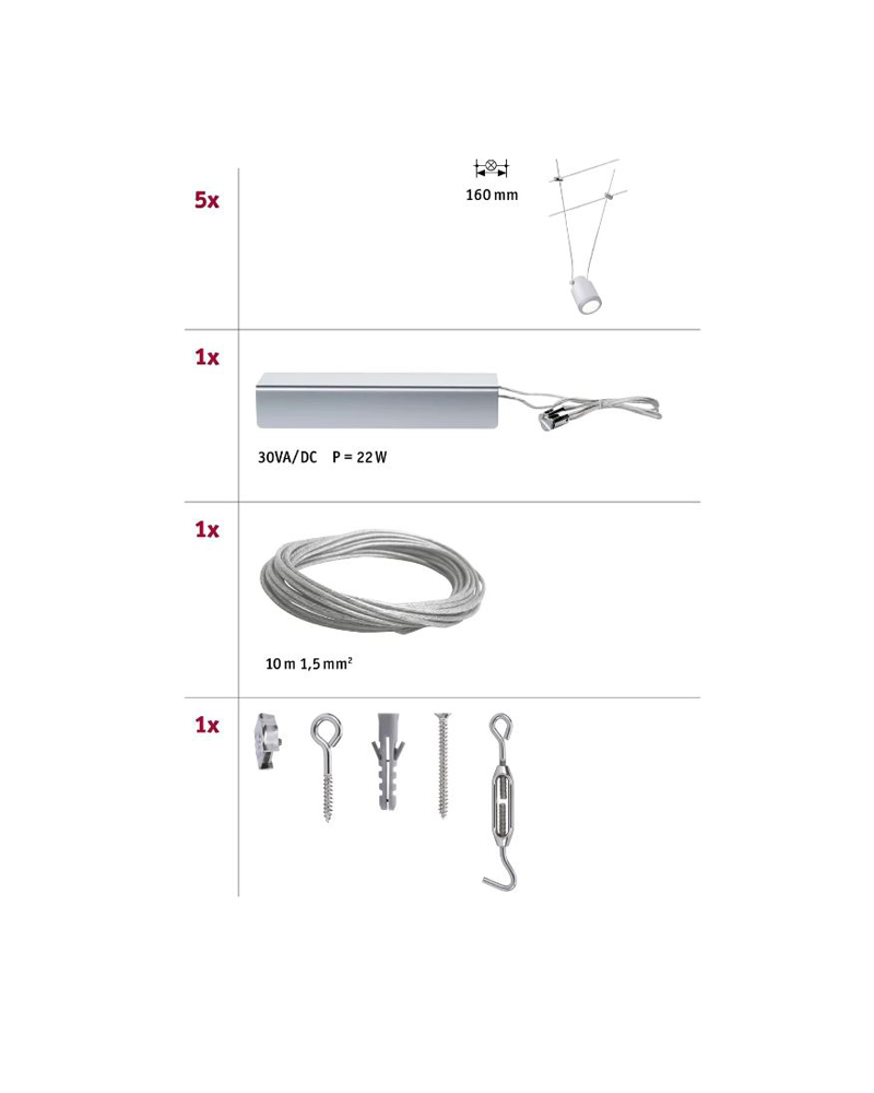 White and matt chrome cable system with 5x4W LED