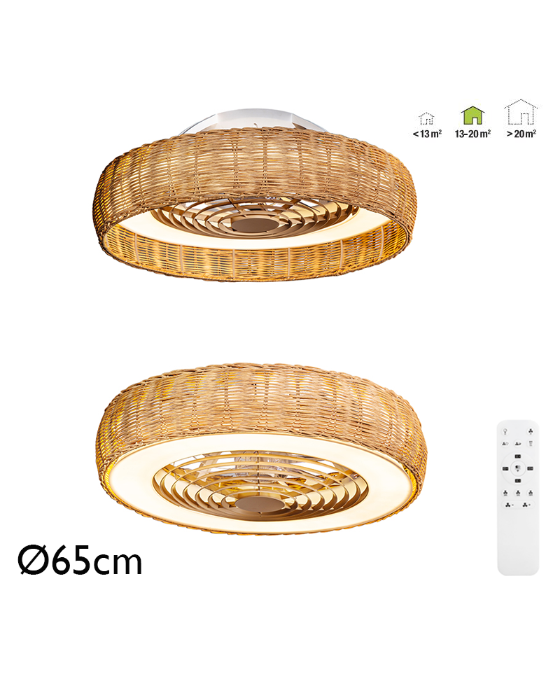 Ceiling fan 35W Ø65cm ceiling light LED 70W rattan remote control ...