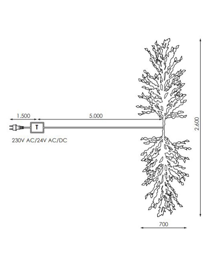 Guirnalda forma de rama 2,60m y 600 LEDs luz fría cable transparente IP44