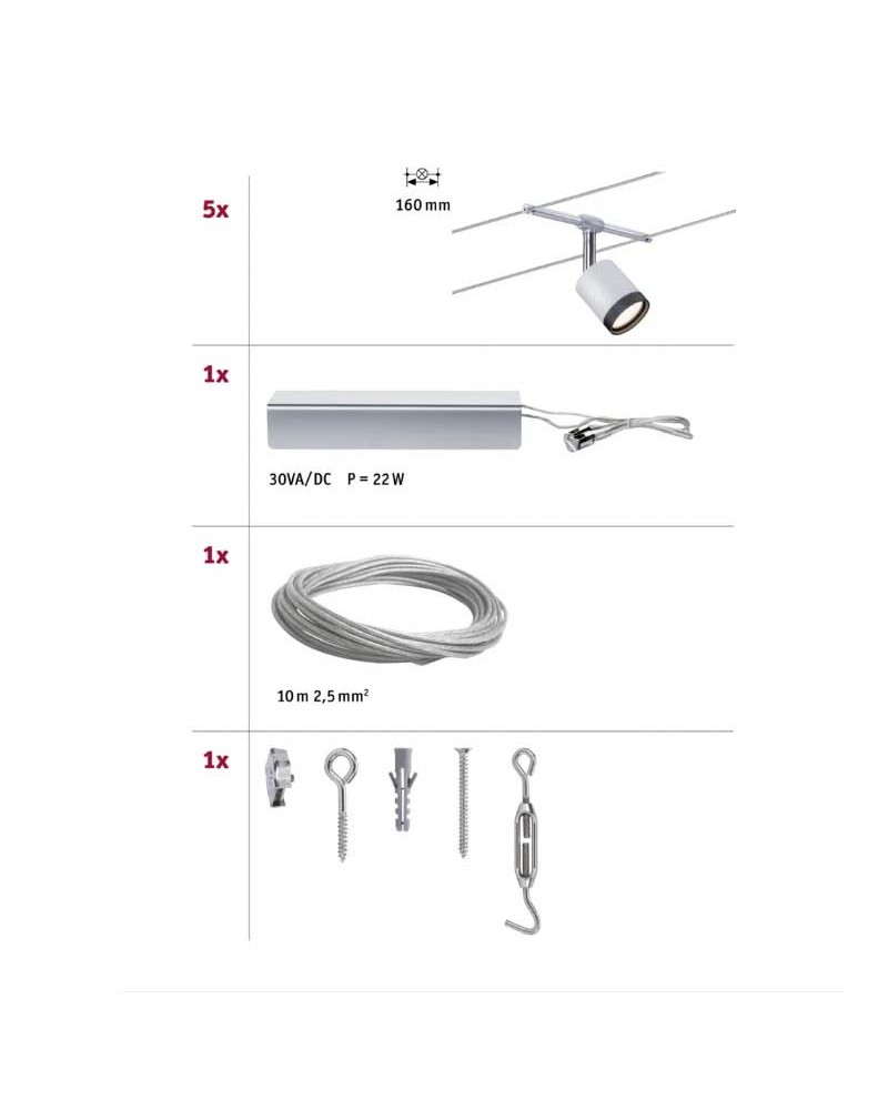 LED cable system 4x4W, RoundMac 230V / 12V DC matt white