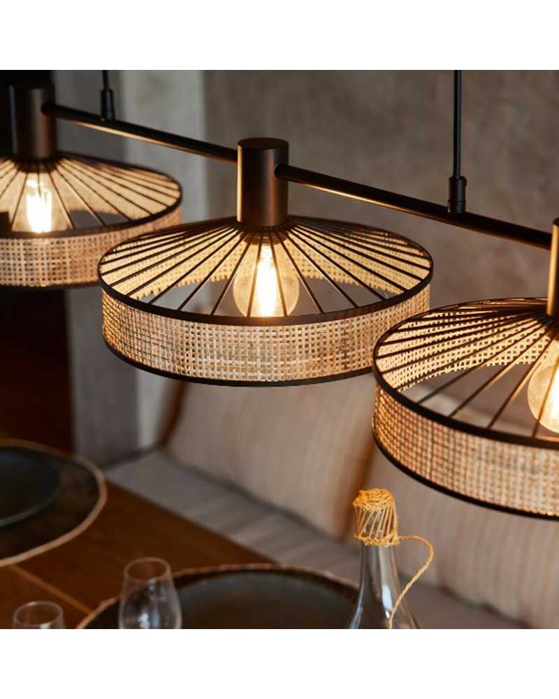 Ceiling lamp with 3 100cm wire and cane E27 shades
