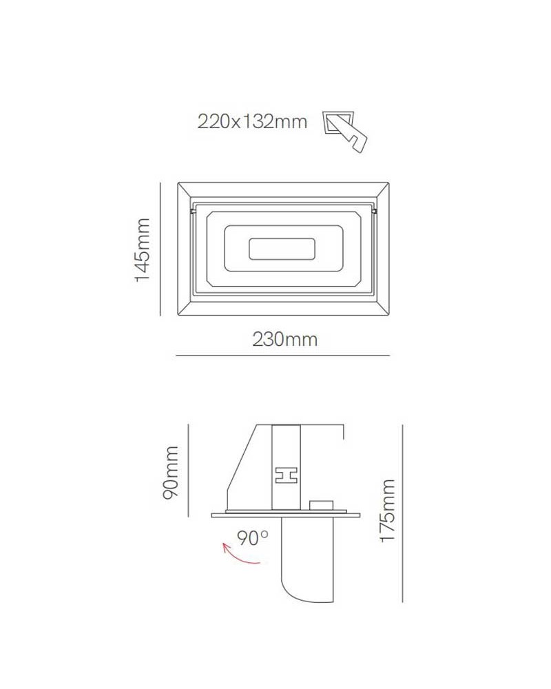 Recessed rectangular LED wall spotlight 23cm 40W 3000K tilting