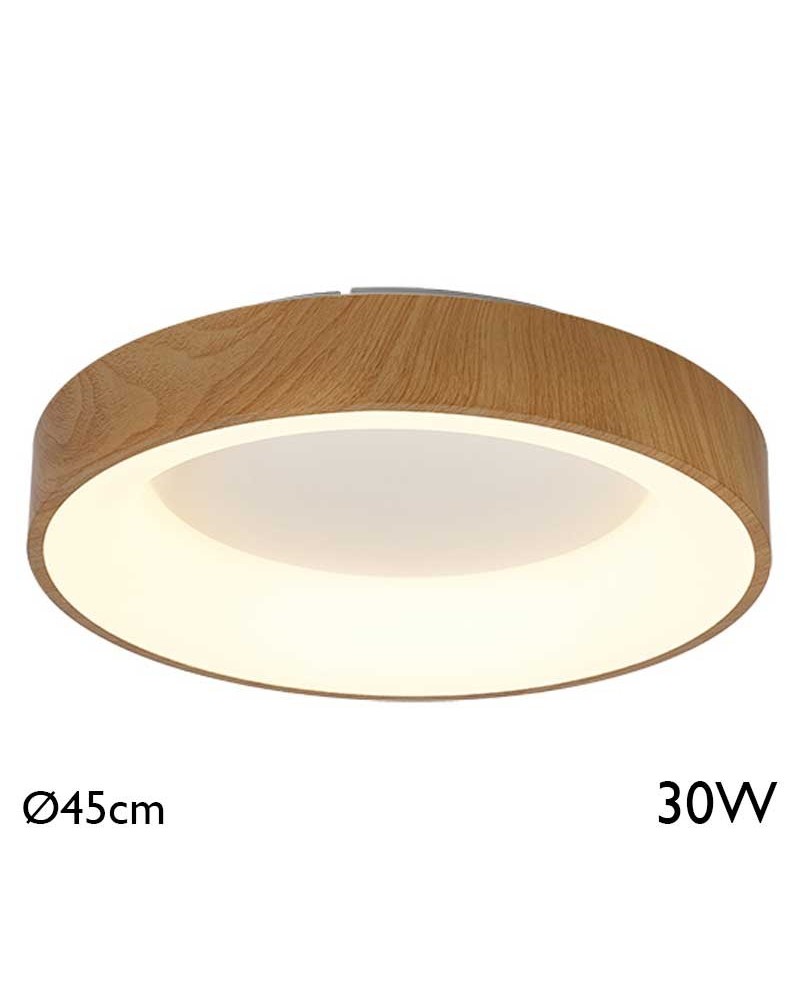 Round LED ceiling light with 45cm diameter, wood finish, 30W warm light ...