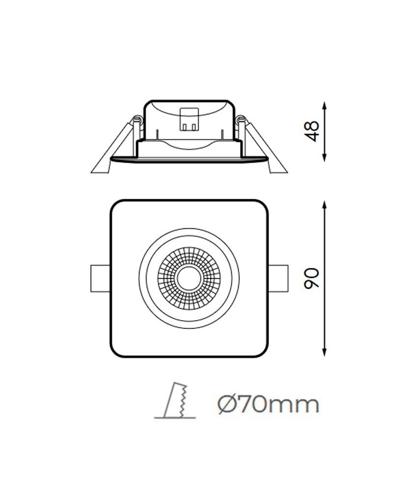 Square downlight with white frame, recessed LED, 7W, 9x9cm, dimmable TRIAC
