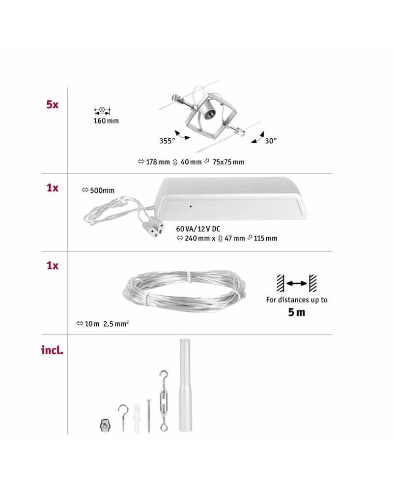 Matt chrome square frame cable system 5 spots max. 10W GU5.3 DC