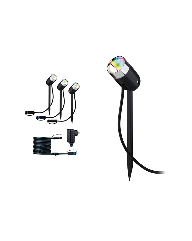 Set of 3 IP44 RGB LED spikes with 5m cable, 4 outputs and transformer
