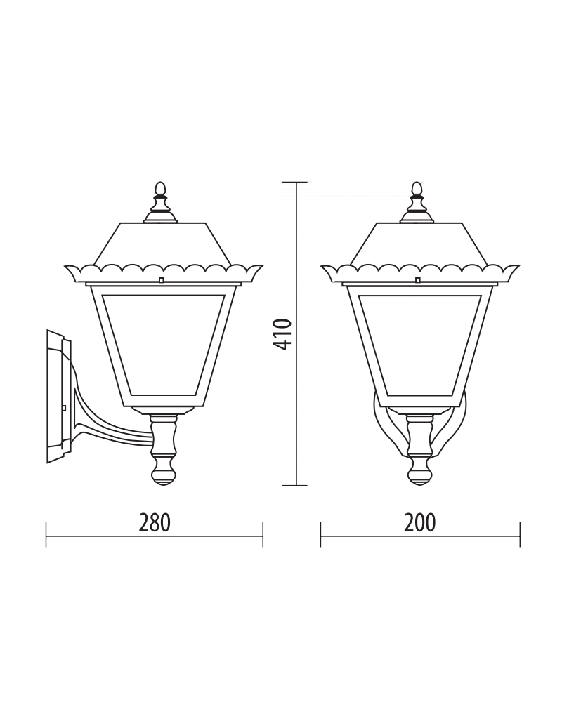 Outdoor wall lamp classic style IP44 E27 height 41cms, with head up