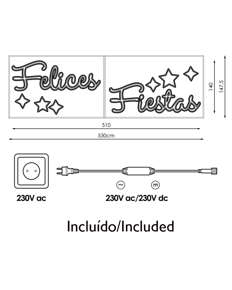 FELICES FIESTAS poster with stars and balls cool white 5.30 meters LEDs ...